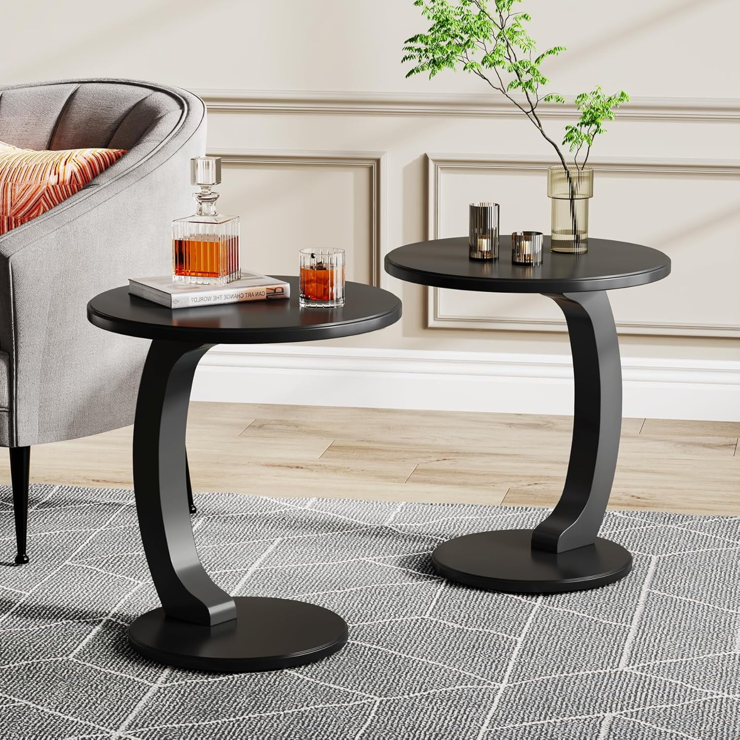 Tribesigns Mid-Century C-Shaped End Table Set of 2, Solid Wood Round ...