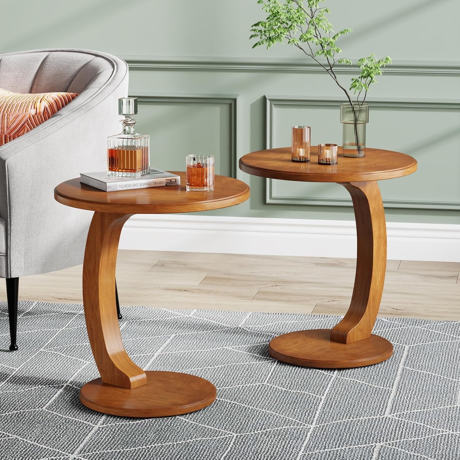 Finmind Mid-Century C-Shaped End Table Set of 2, Solid Wood Round Side Table, Brown - Walmart.com