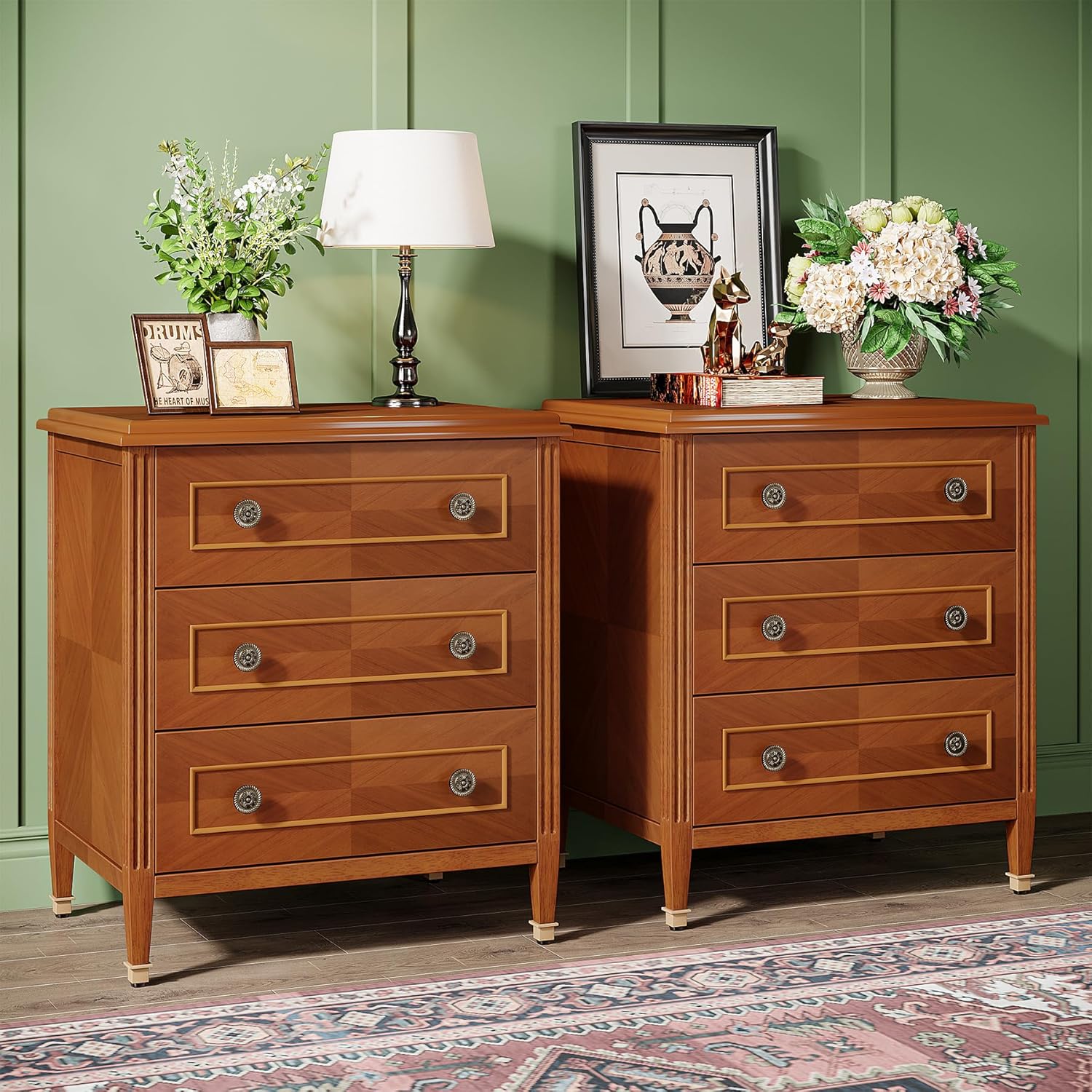 Tribesigns Mid-Century Modern Nightstand with 3 Drawers Set of 2 ...