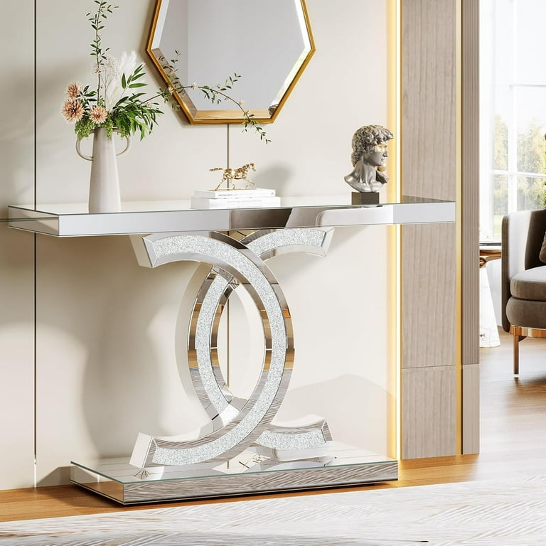 Tribesigns Mirrored Console Table Modern 39 inch Silver Entryway Table with Crystal Inlays