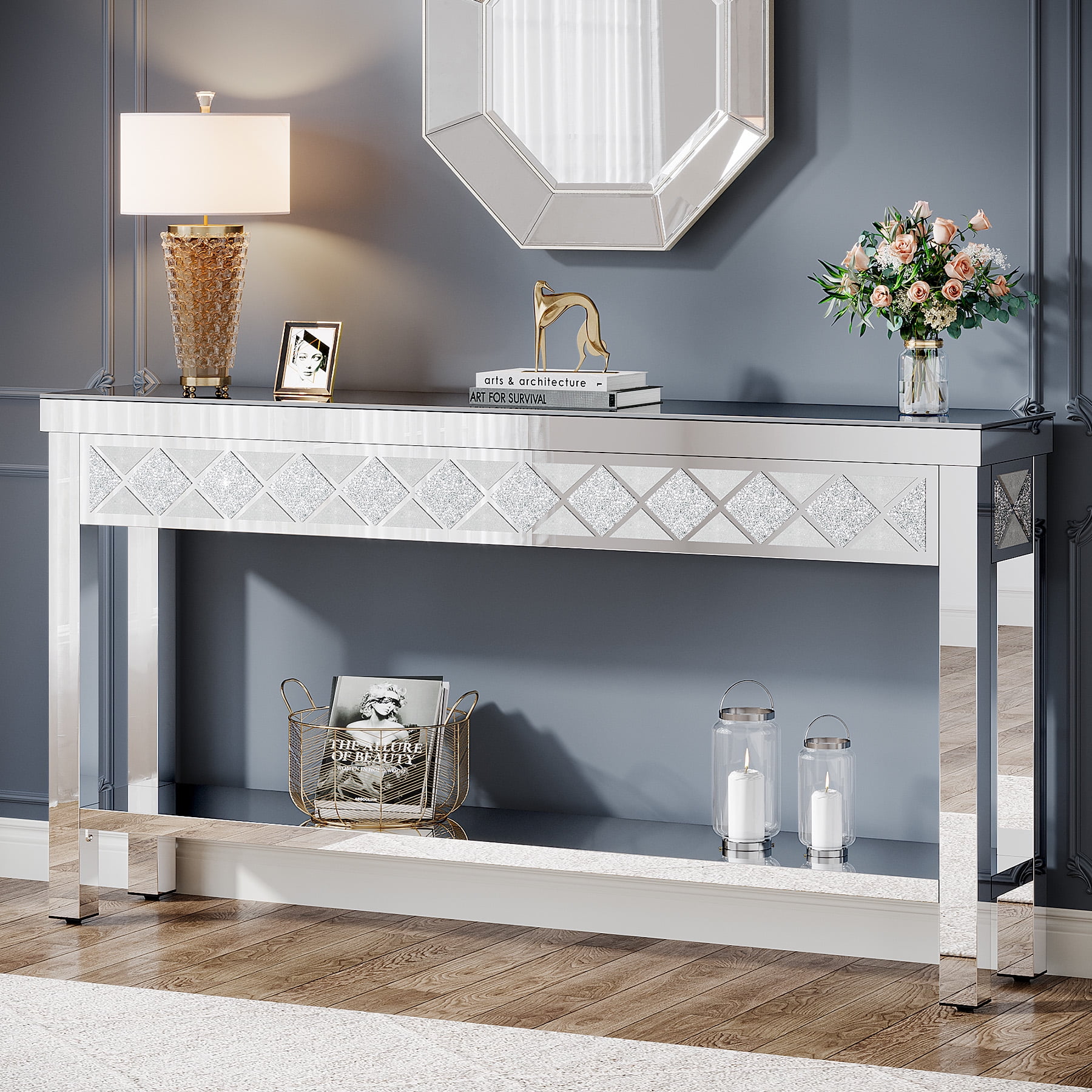 Tribesigns Mirrored Console Table with Shelf, 59-Inch Modern Entryway ...
