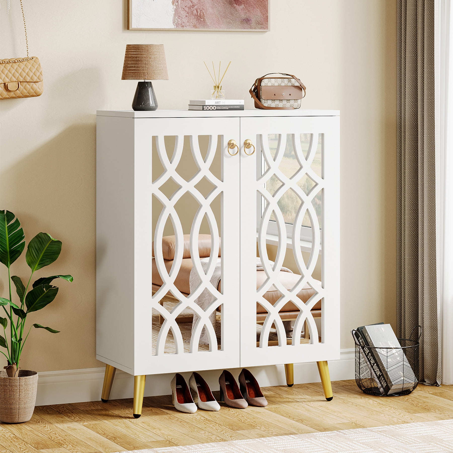 Tribesigns Mirrored Shoe Cabinet, 5-Tier White Modern Shoe Organizer ...