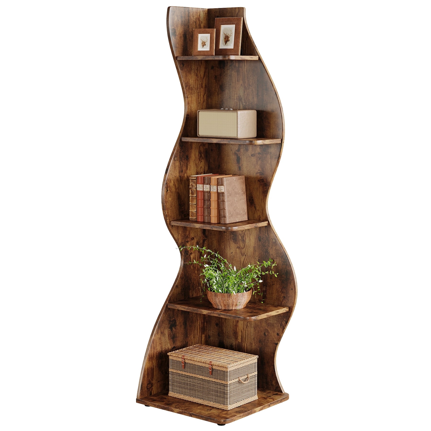Modern 5-Tier Wavy Corner Shelf - Sleek Bookcase with Curvy Design ...