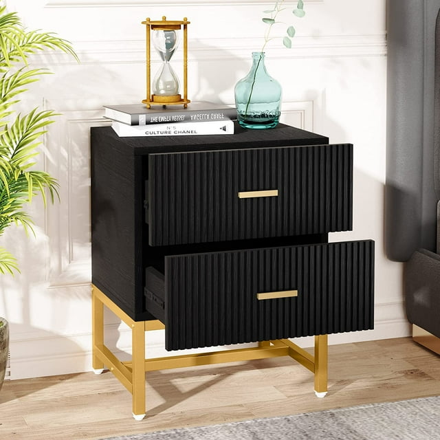 Tribesigns Elegant 2-Drawer Nightstand, Modern Black and Gold, Striped ...