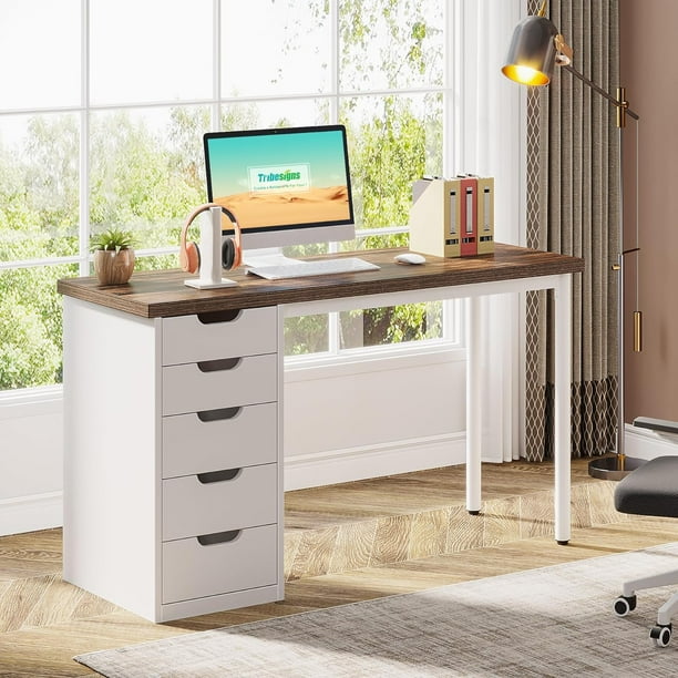 Tribesigns Modern Computer Desk with 5 Drawers, 47 in Brown Home Office ...