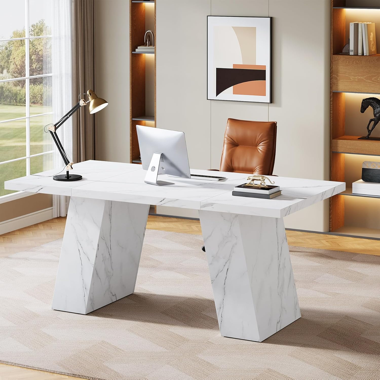 Tribesigns Modern Executive Desk, 63" Faux Marble Computer Writing ...