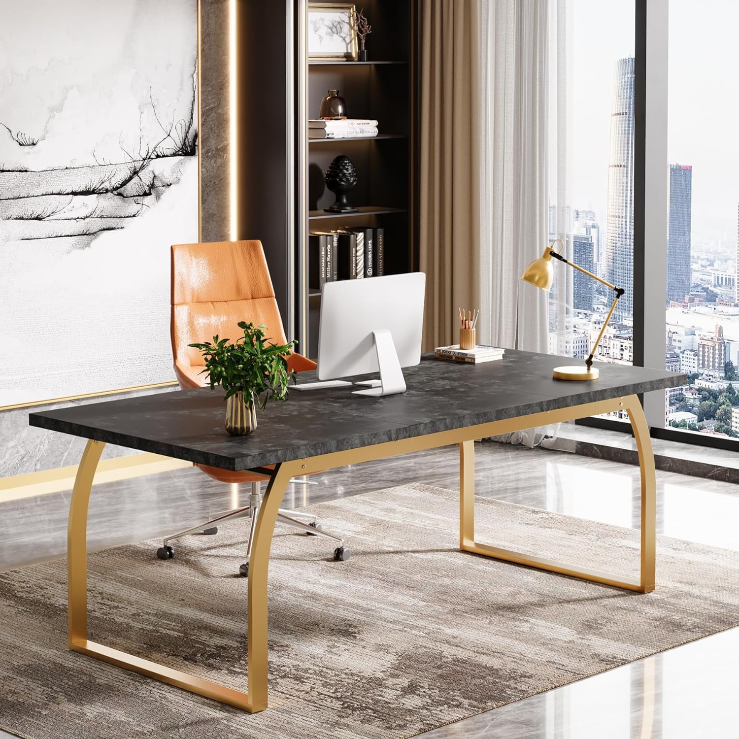 Tribesigns Modern Executive Desk: 70" Black Gold Computer Desk with ...