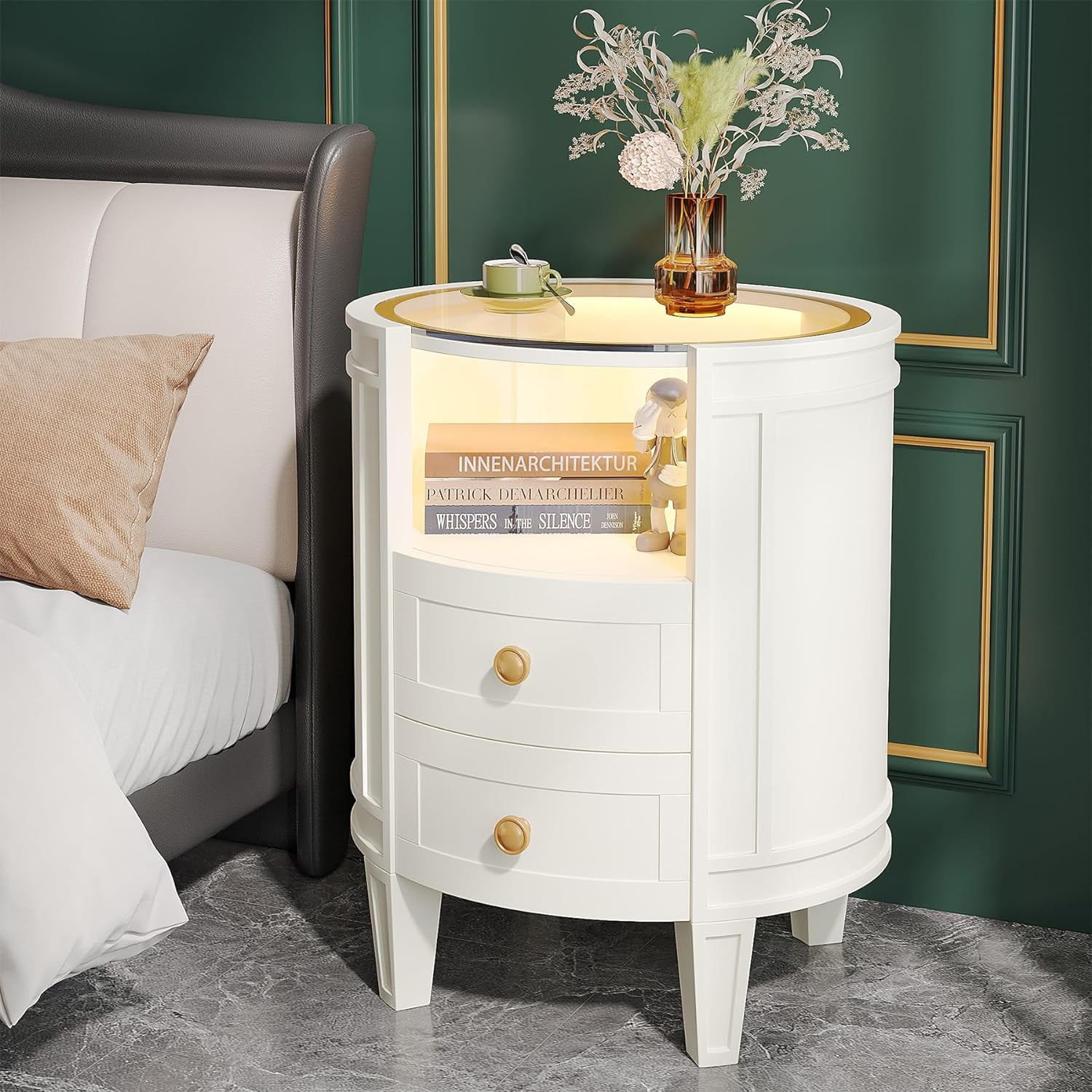 Tribesigns Modern Nightstand with LED Light 2 Drawer Oval Nightstand with Glass Tabletop and Open Shelve for Bedroom Living Room Dressing Room