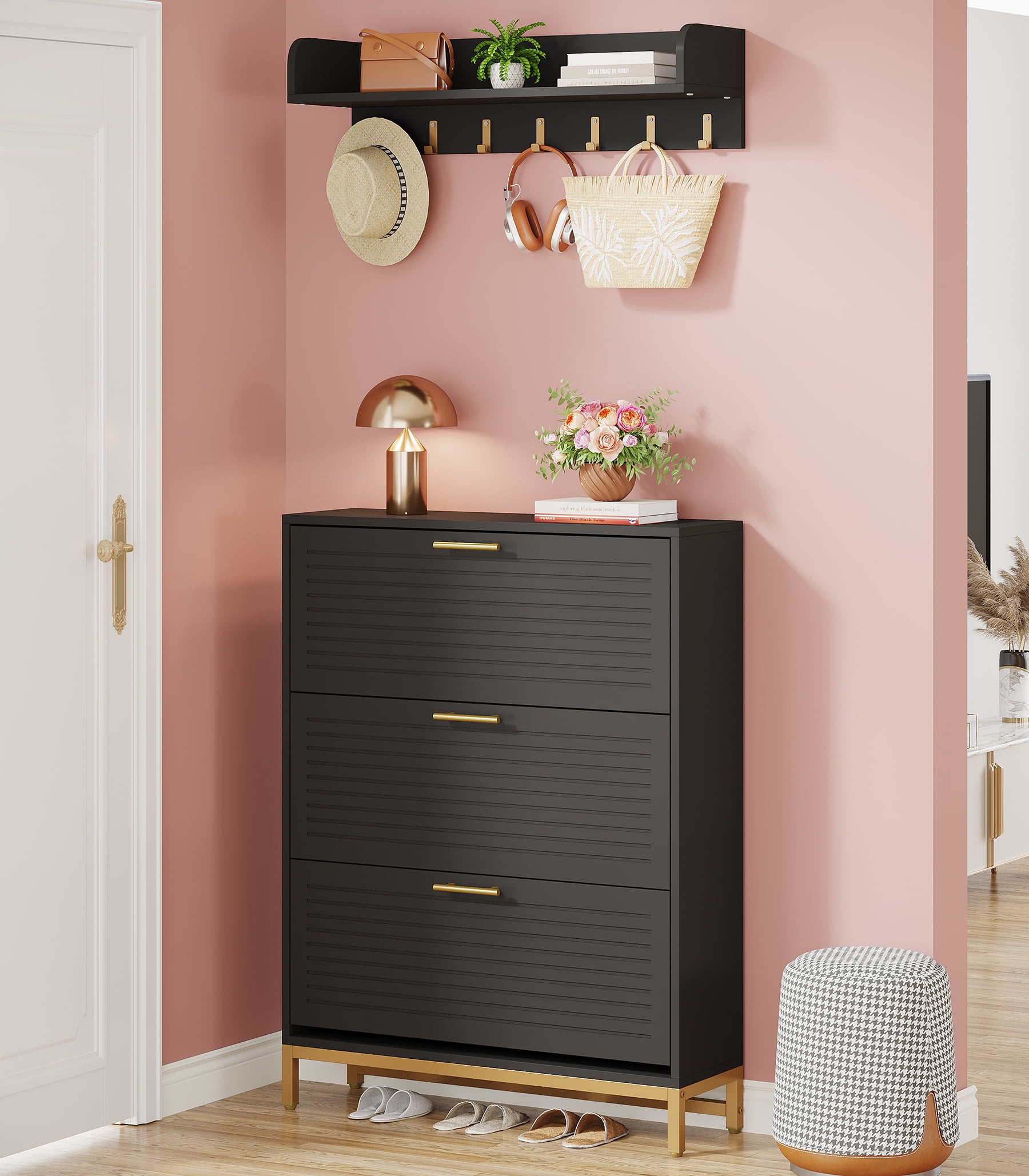 Tribesigns Modern Shoe Storage Cabinet and Wall Mount Coat Rack Set ...