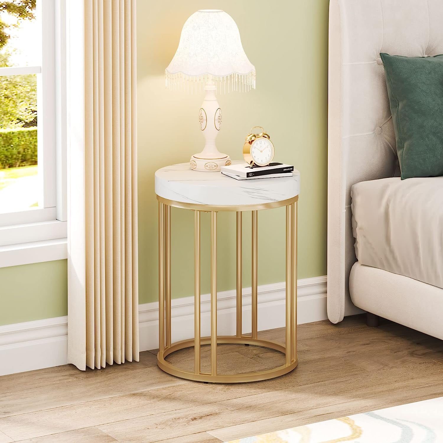 Tribesigns Modern Side Small Accent Nightstand, White Gold Round End ...