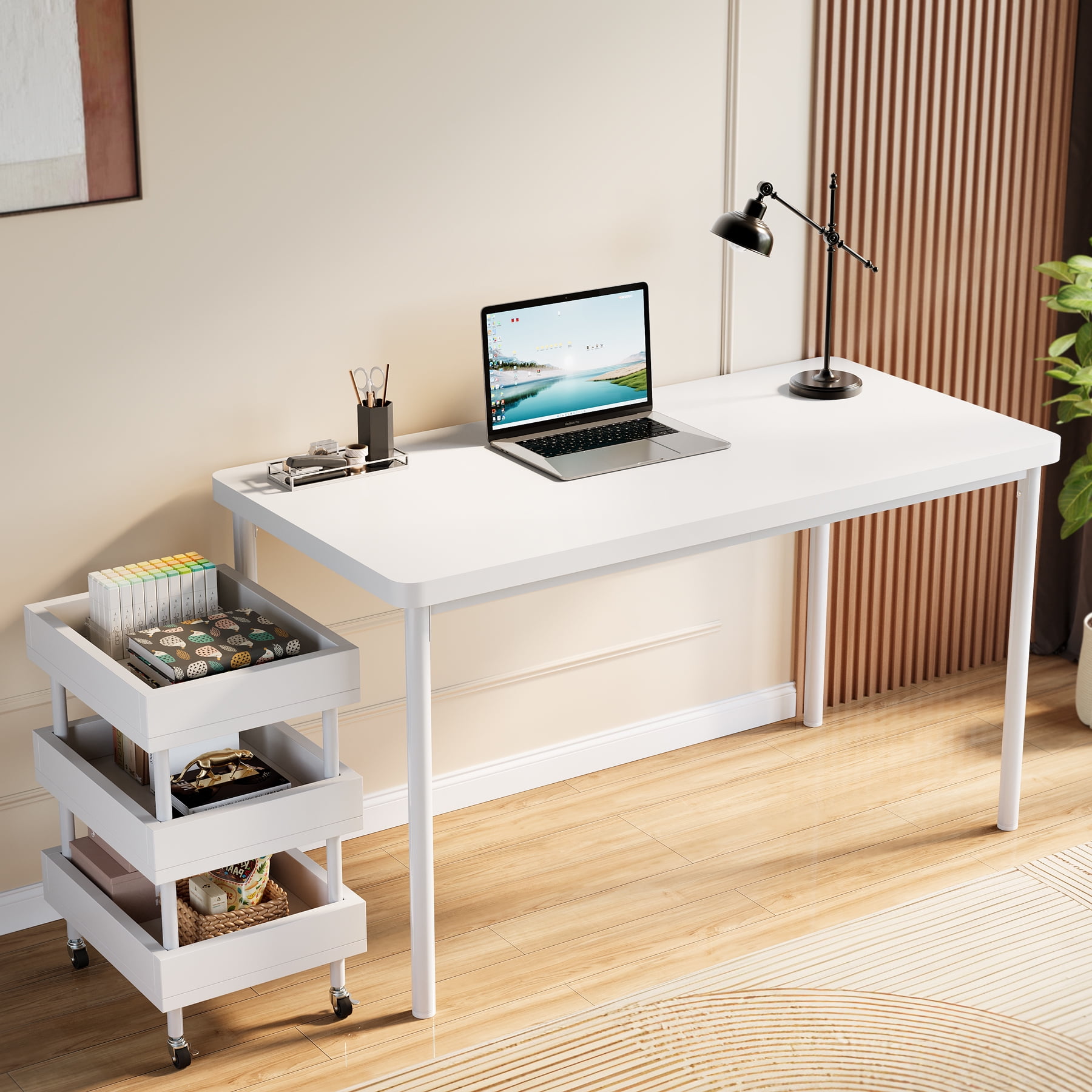 Tribesigns Modern White Computer Desk, 47" Simple Writing Desk with 3 ...