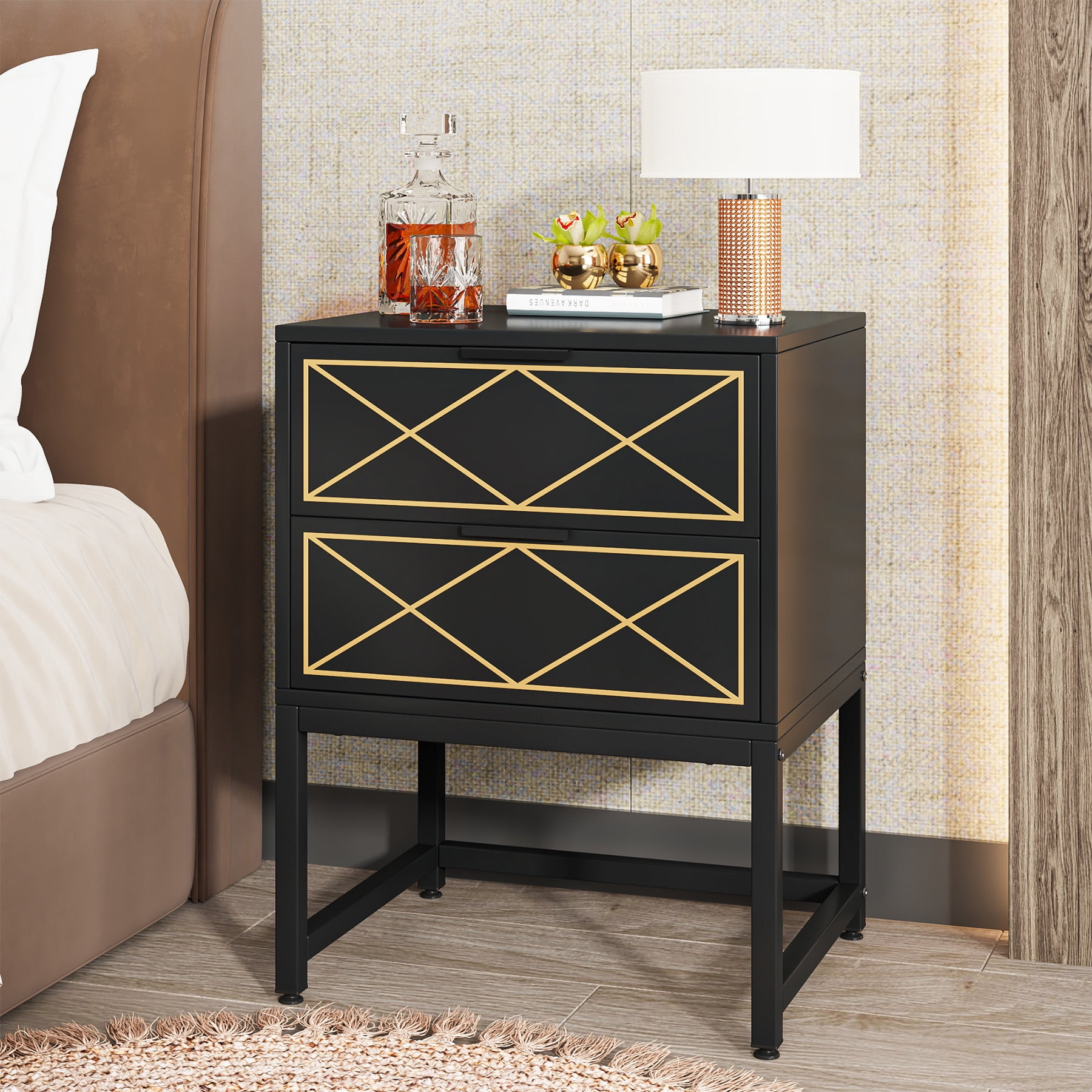Tribesigns Nightstand with 2 Drawers, Modern Black Gold Bedside Table ...