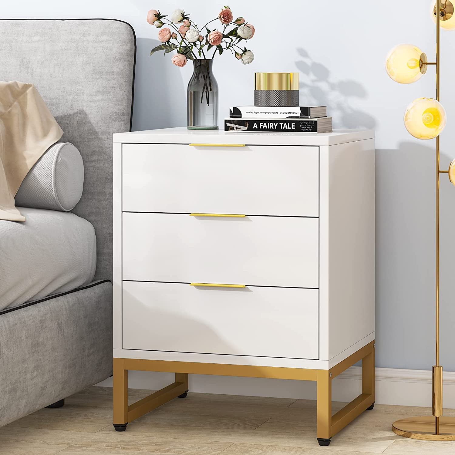 Tribesigns Unique White/Gold Nightstand with 3 Drawers, Metal Frame ...