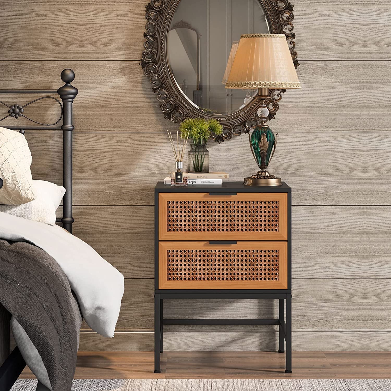 Finmind Nightstands with 2 Rattan Drawers, Modern Wood Night Stands ...