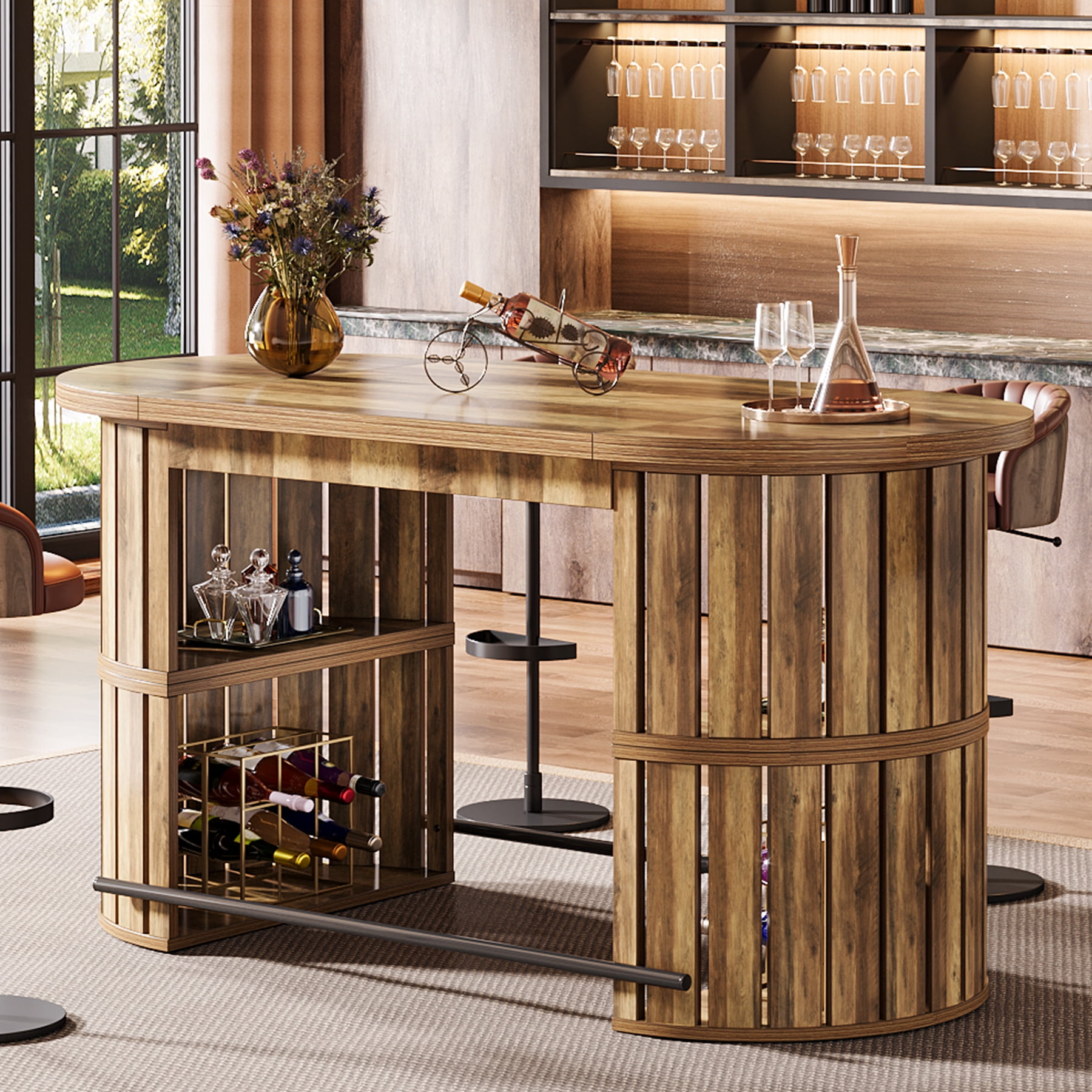 Tribesigns Oval Bar Table with Semi-Arc Storage Shelves, Wooden Bar ...