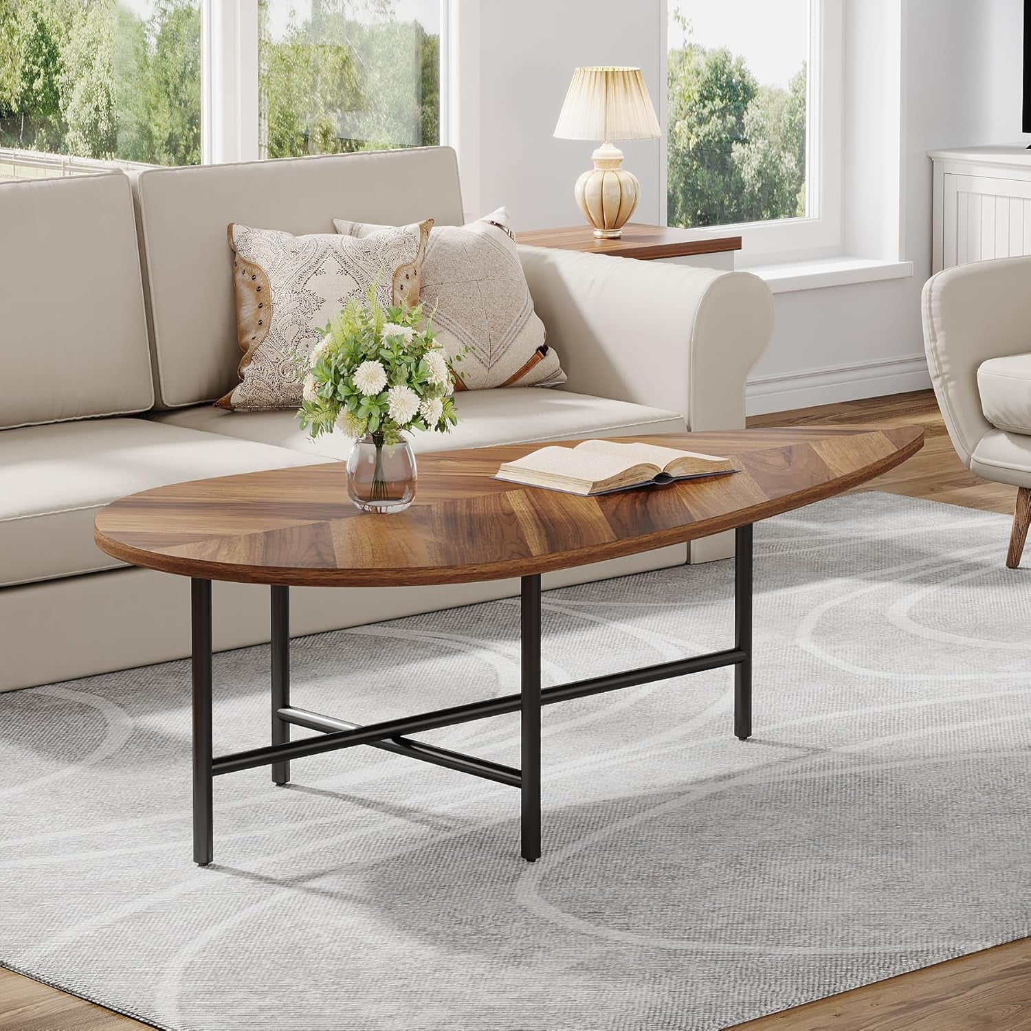 Tribesigns Oval Wood Coffee Table, 47.2" Rustic Leaf-Shaped Center ...