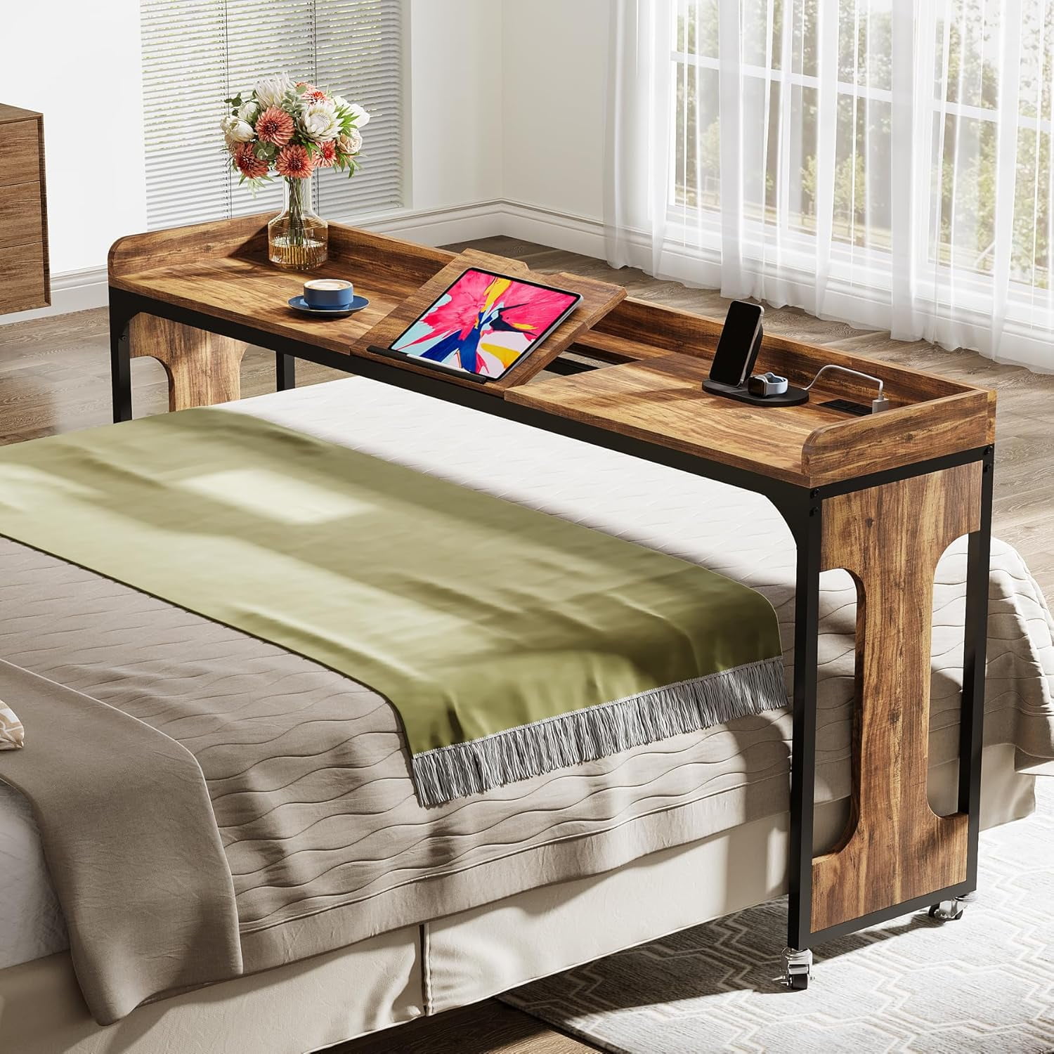 Tribesigns Overbed Rolling Table, Adjustable Tilt Board with Outlets ...