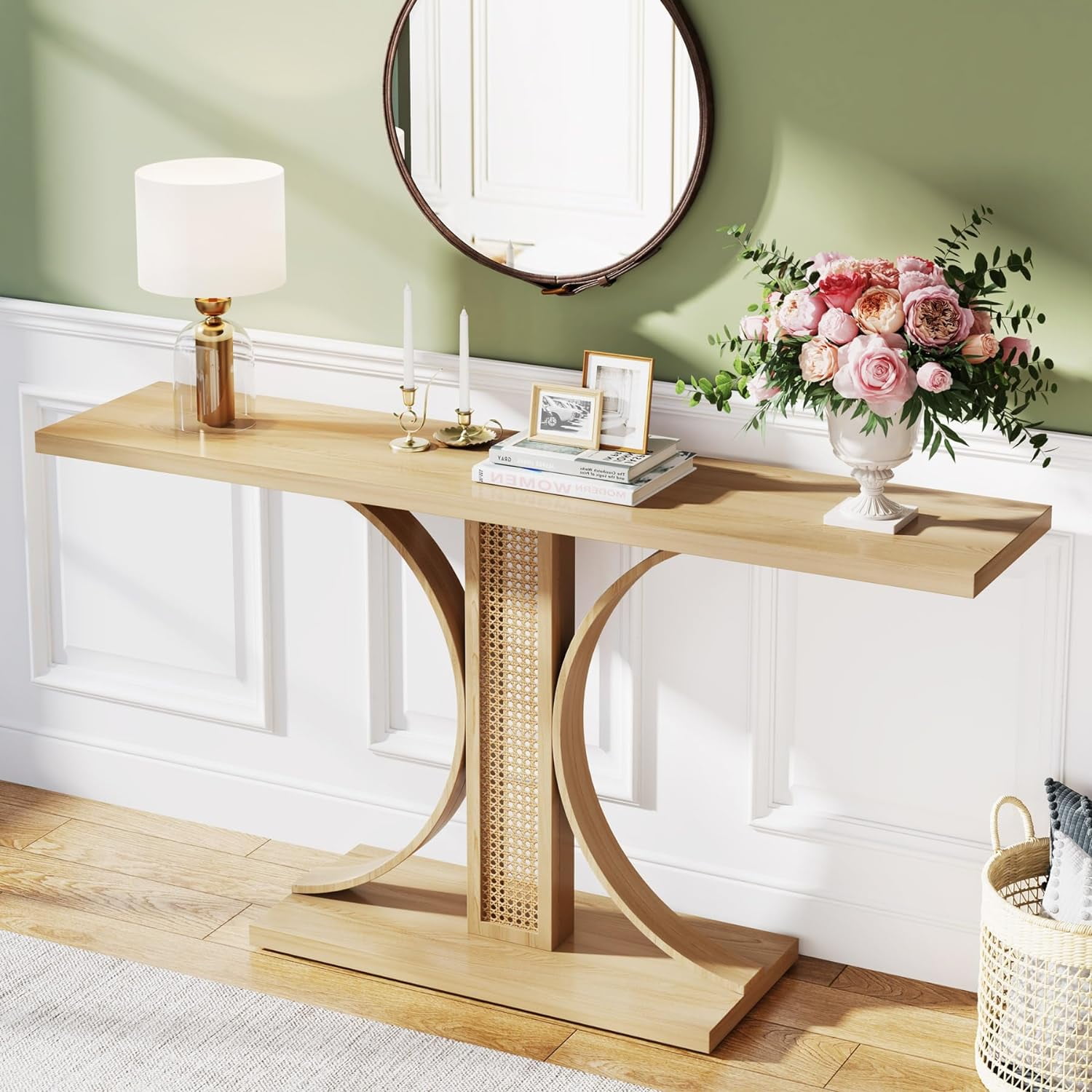Tribesigns Rattan Console Table 55 Farmhouse Entryway Table with Oak Finish
