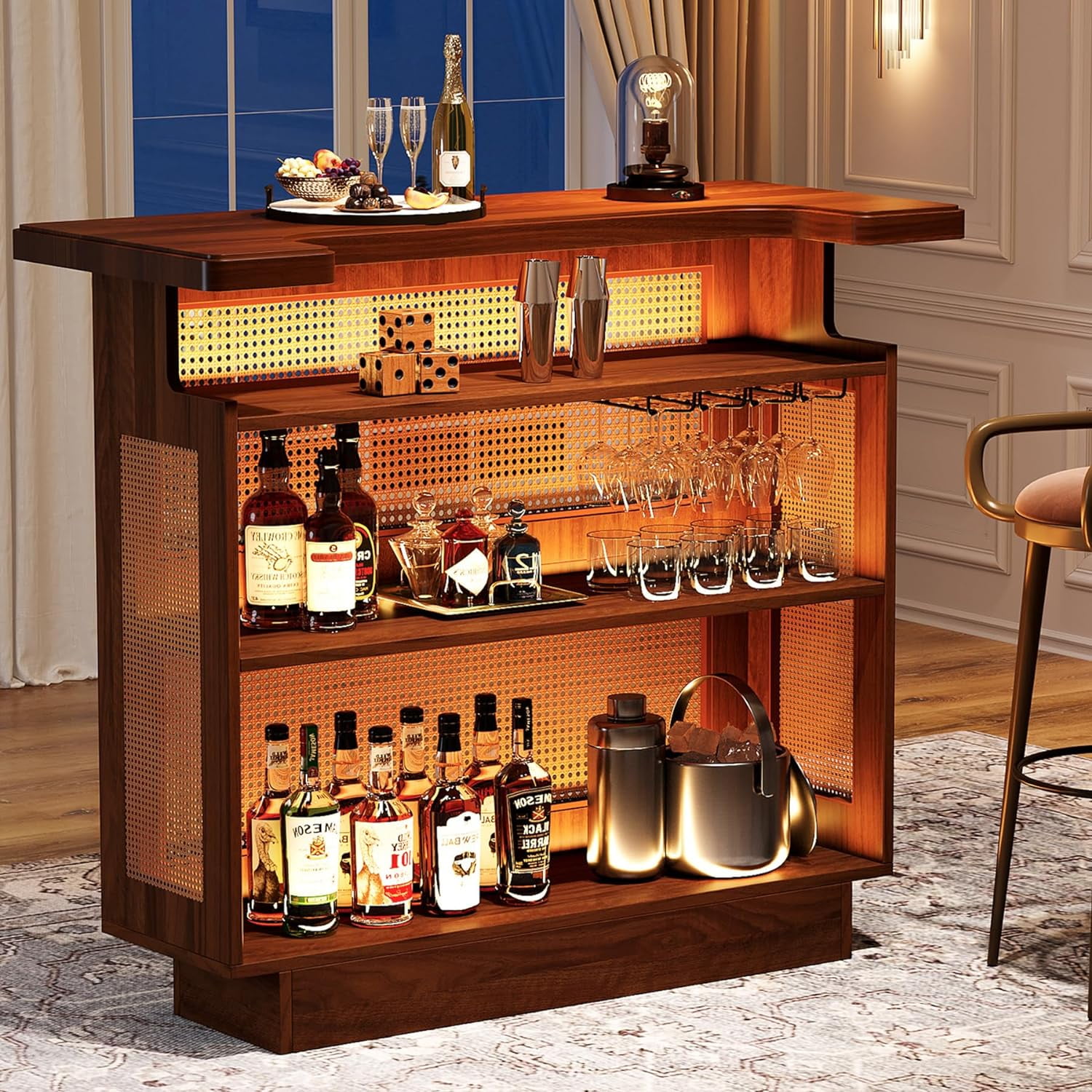 Tribesigns Rattan Home Bar Unit Farmhouse 4 Tier Bar Table with 4 Stemware Racks and Heightened Base