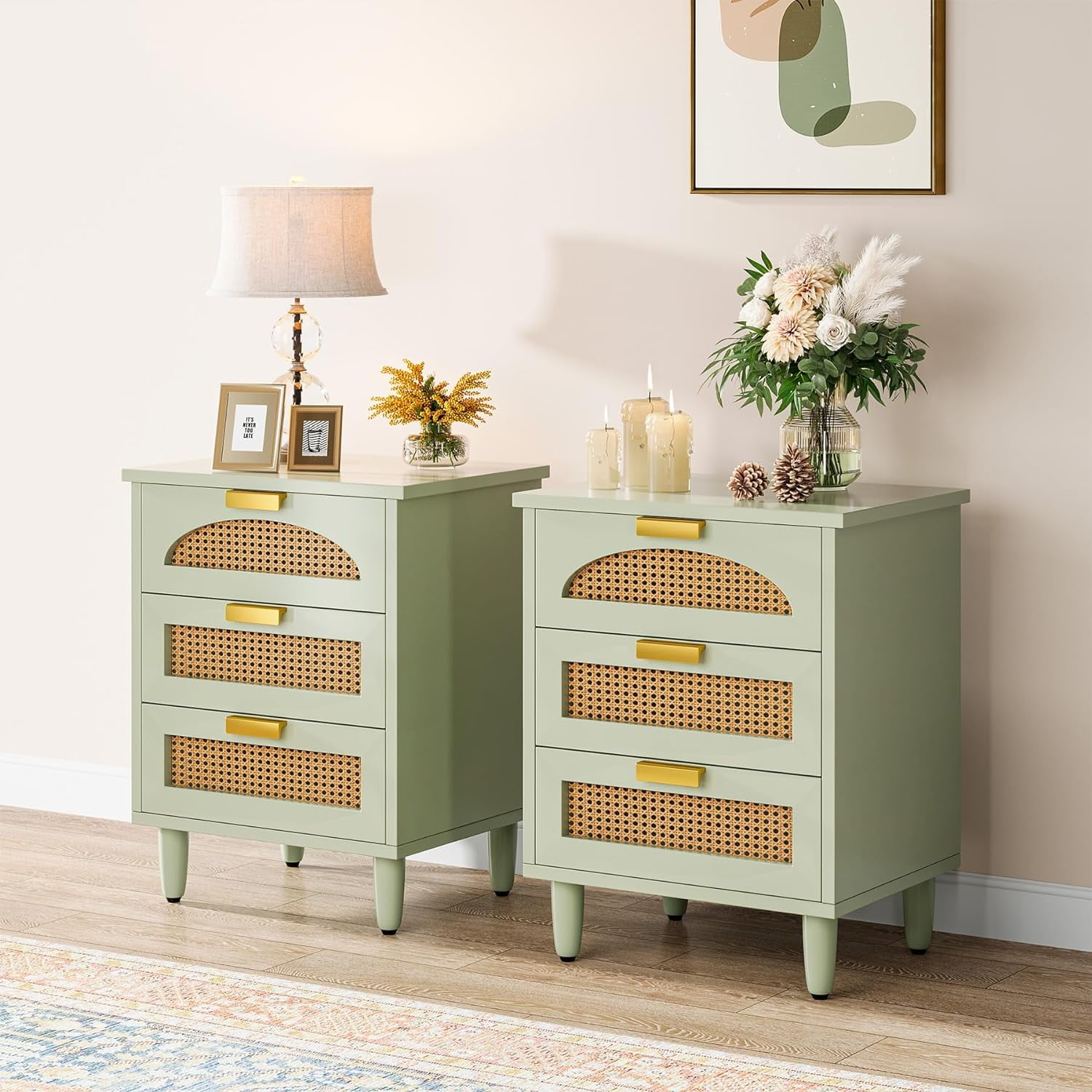Tribesigns Rattan Nightstand, 3-Drawer Farmhouse Night Stand Side Table ...