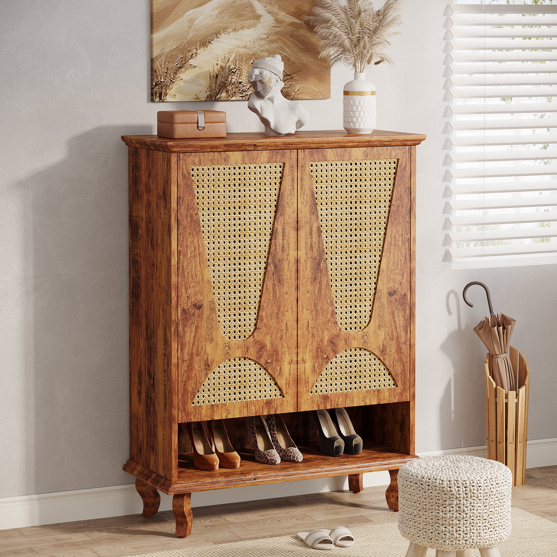 Tribesigns Rattan Shoe Cabinet, 5-Tier Wooden Shoe Organizer Cabinet ...