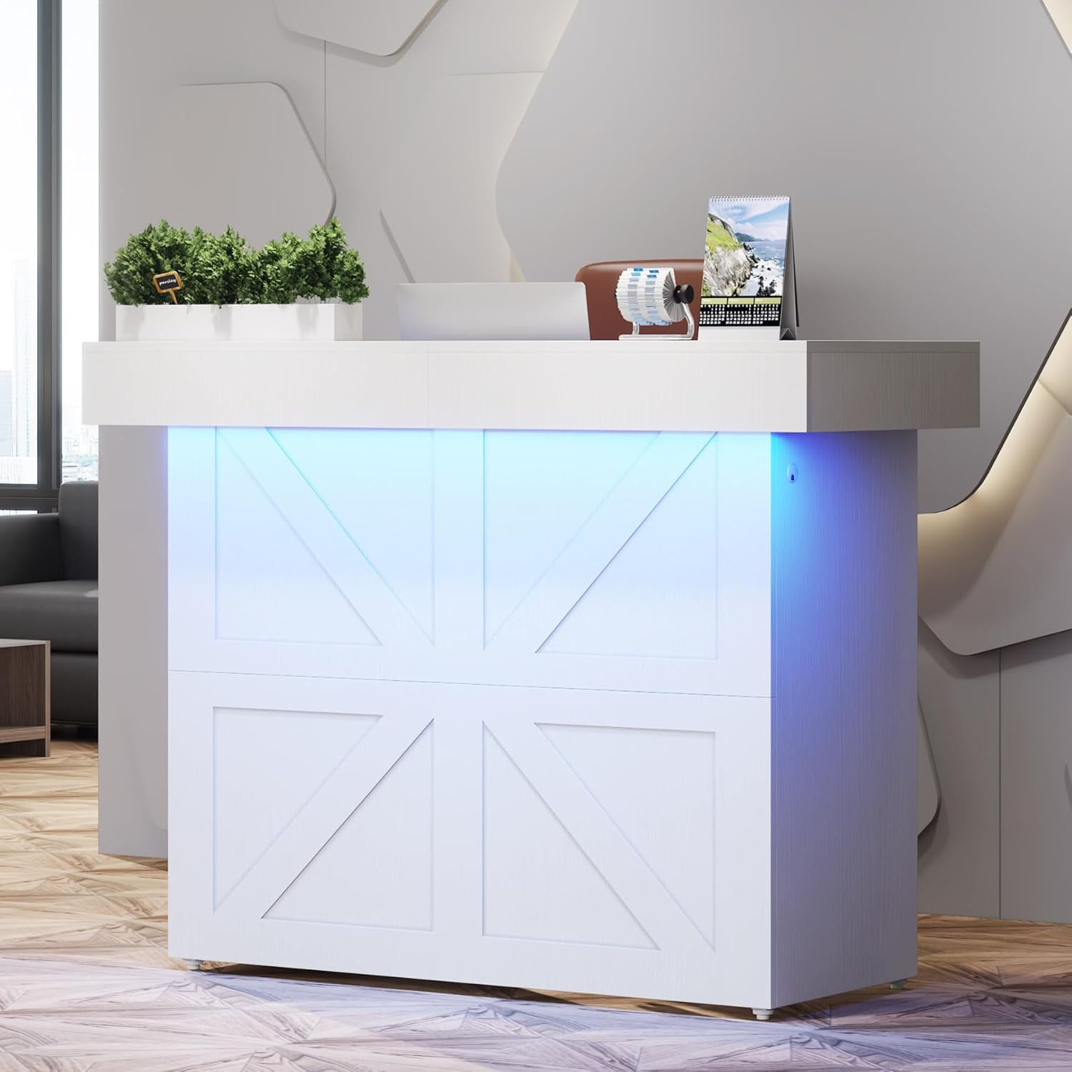 Tribesigns Reception Desk with Counter, 55-Inch Front Desk with LED Light and Cable Grommets ...