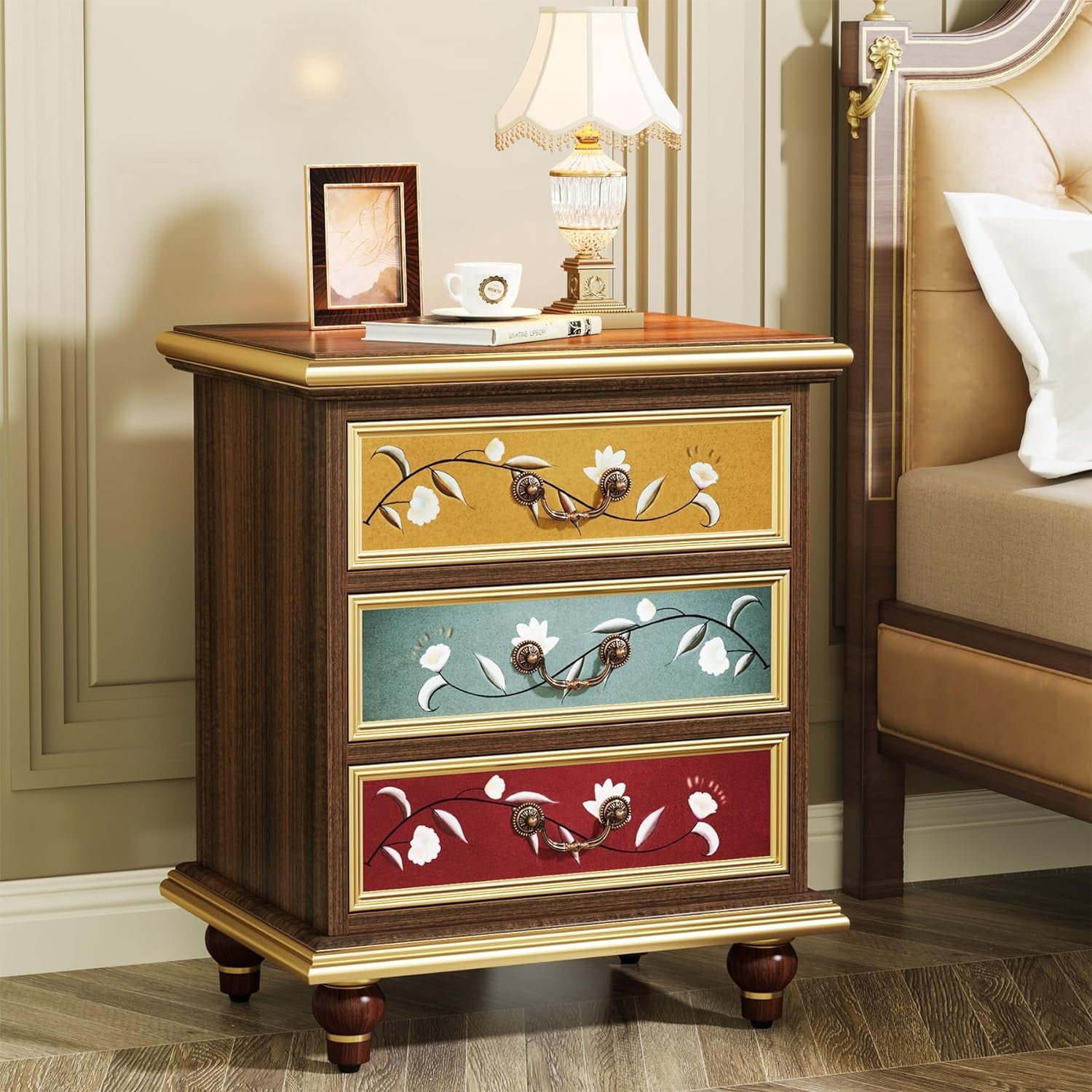 Finmind Retro Nightstand, with Flower-Patterned Drawers & Solid Wood ...