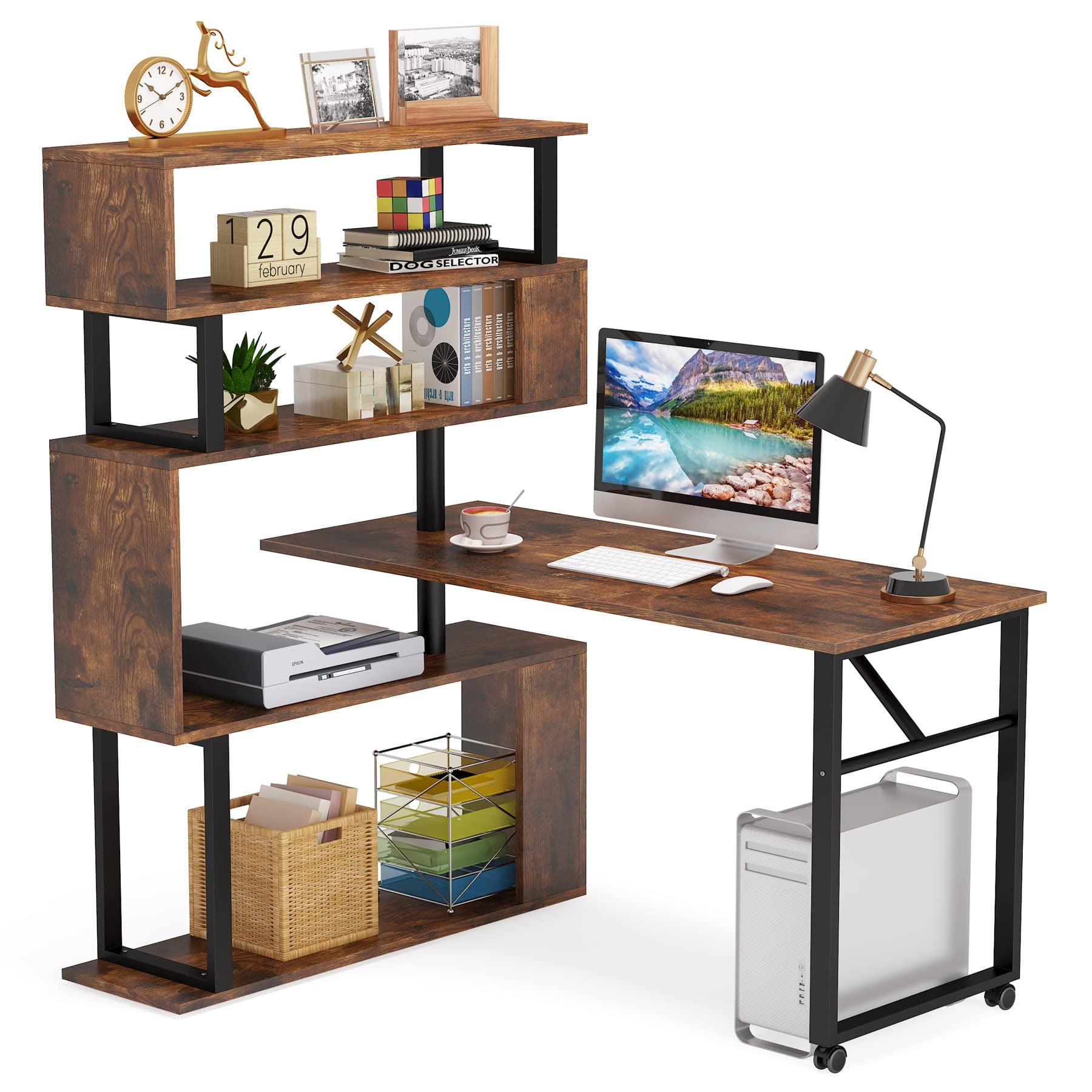 Tribesigns Rotating L-Shaped Computer Desk with 5 Shelves, Small Room ...