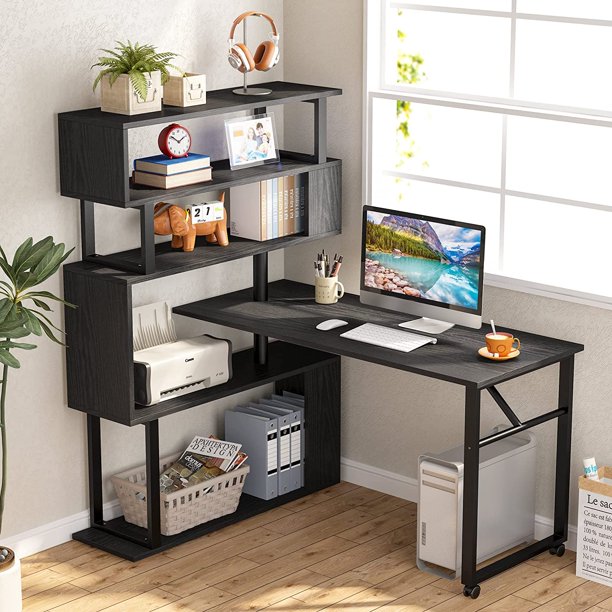 Tribesigns Rotating Computer Desk with 5 Shelves Bookshelf, Modern L ...