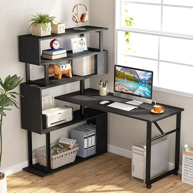 Tribesigns Rotating Computer Desk with 5 Shelves Bookshelf, Modern L ...
