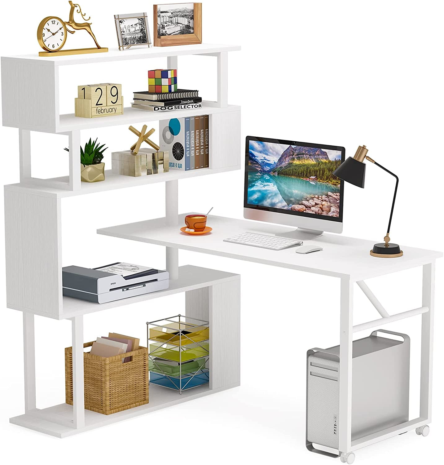 Tribesigns Rotating Computer Desk with 5 Shelves Bookshelf, Modern L ...