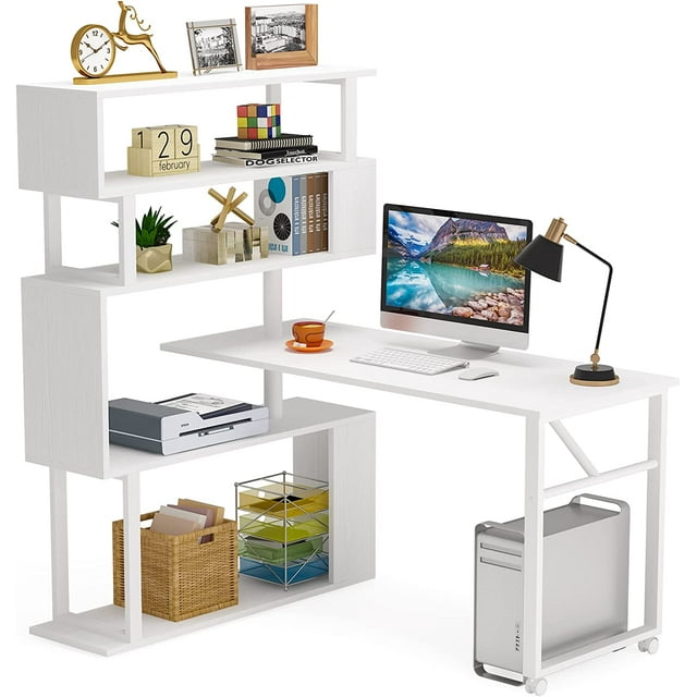 Tribesigns Rotating Computer Desk with 5 Shelves Bookshelf, Modern L ...