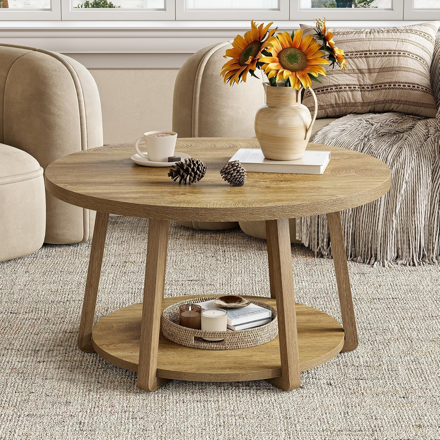 Tribesigns Round Coffee Table, 2-Tier Center Table with Storage, Wooden ...