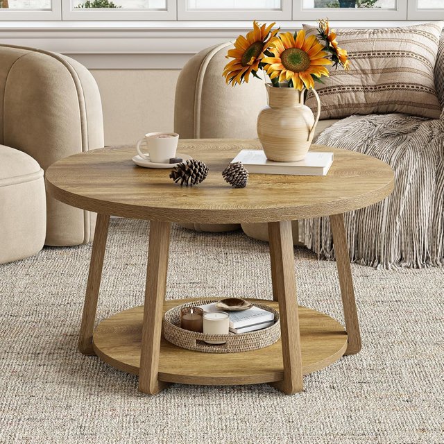 Tribesigns Round Coffee Table, 2-Tier Center Table with Storage, Wooden ...