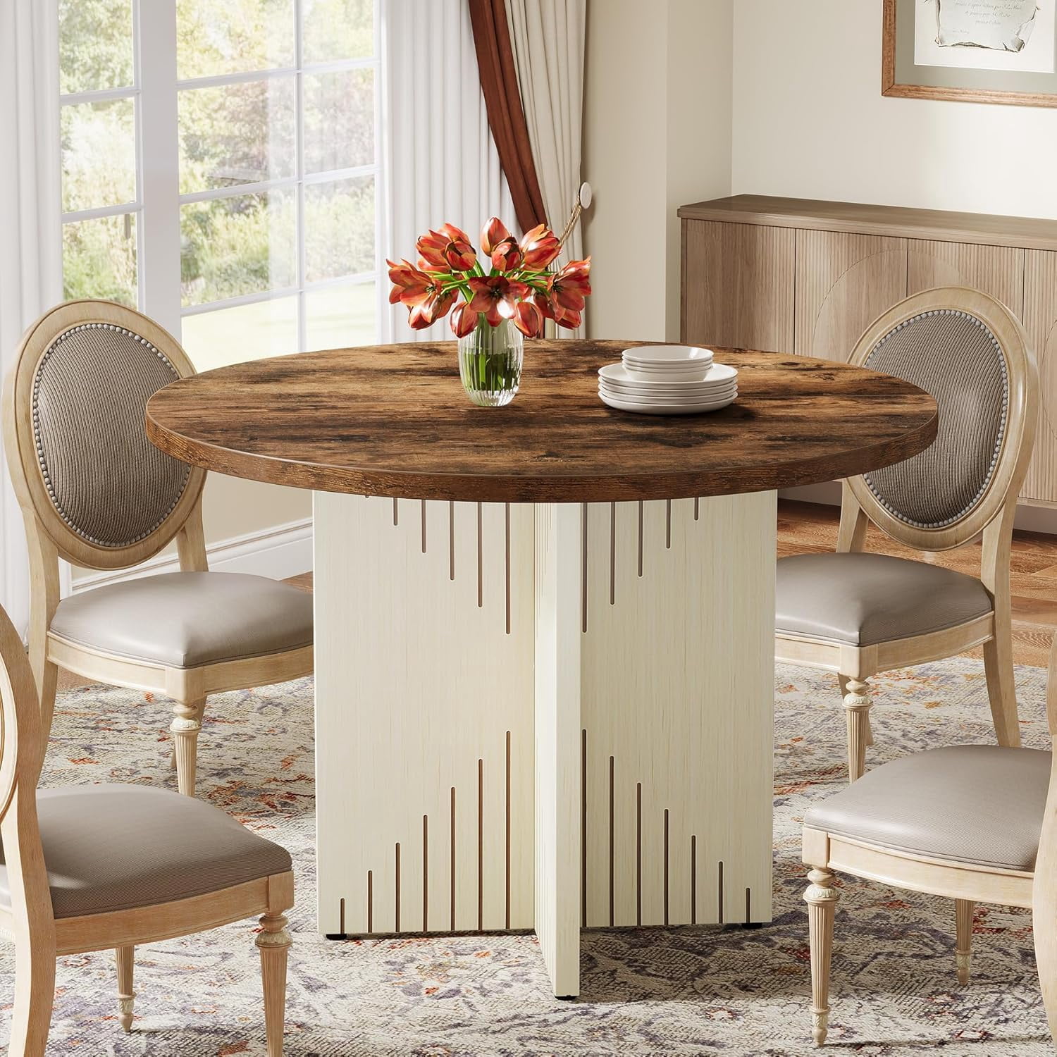 Tribesigns Round Dining Table for 4, All-Wood Dining Room Table ...