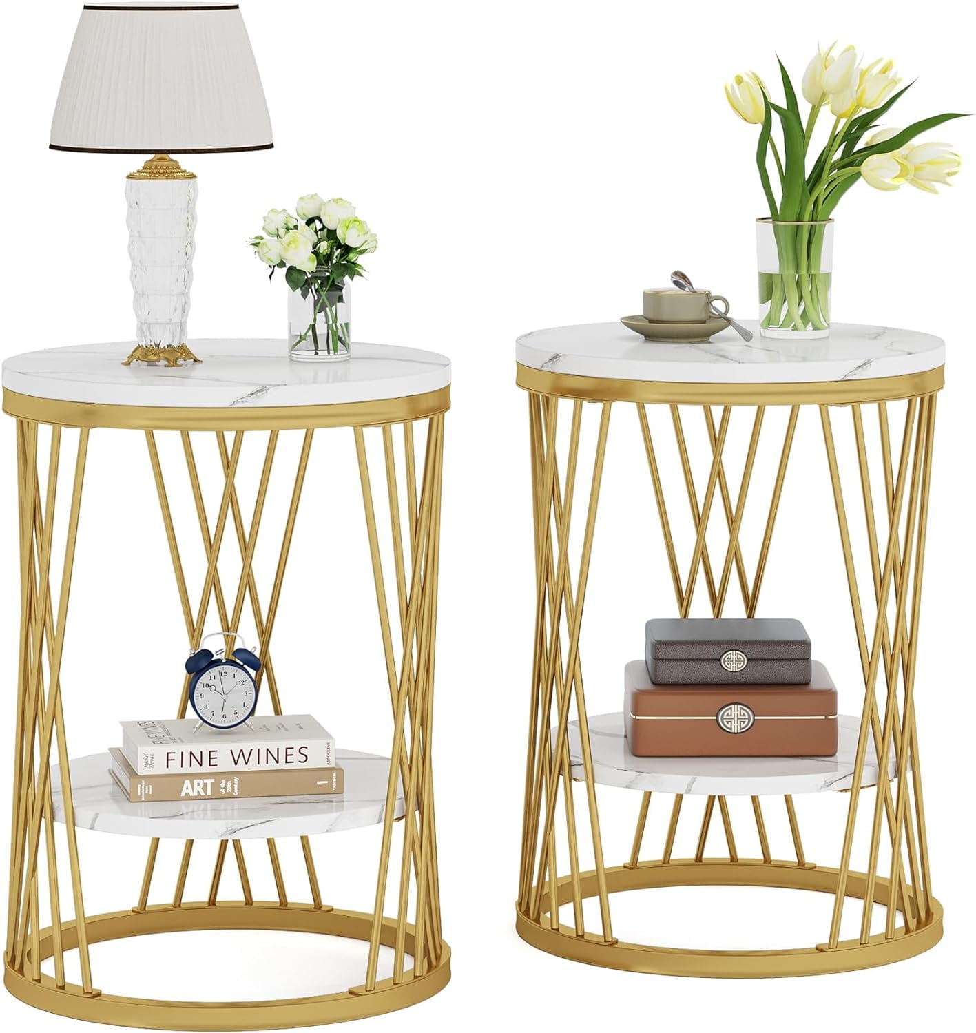 Tribesigns Round End Side Table, 2 Tier Sofa Table with Storage Shelf ...