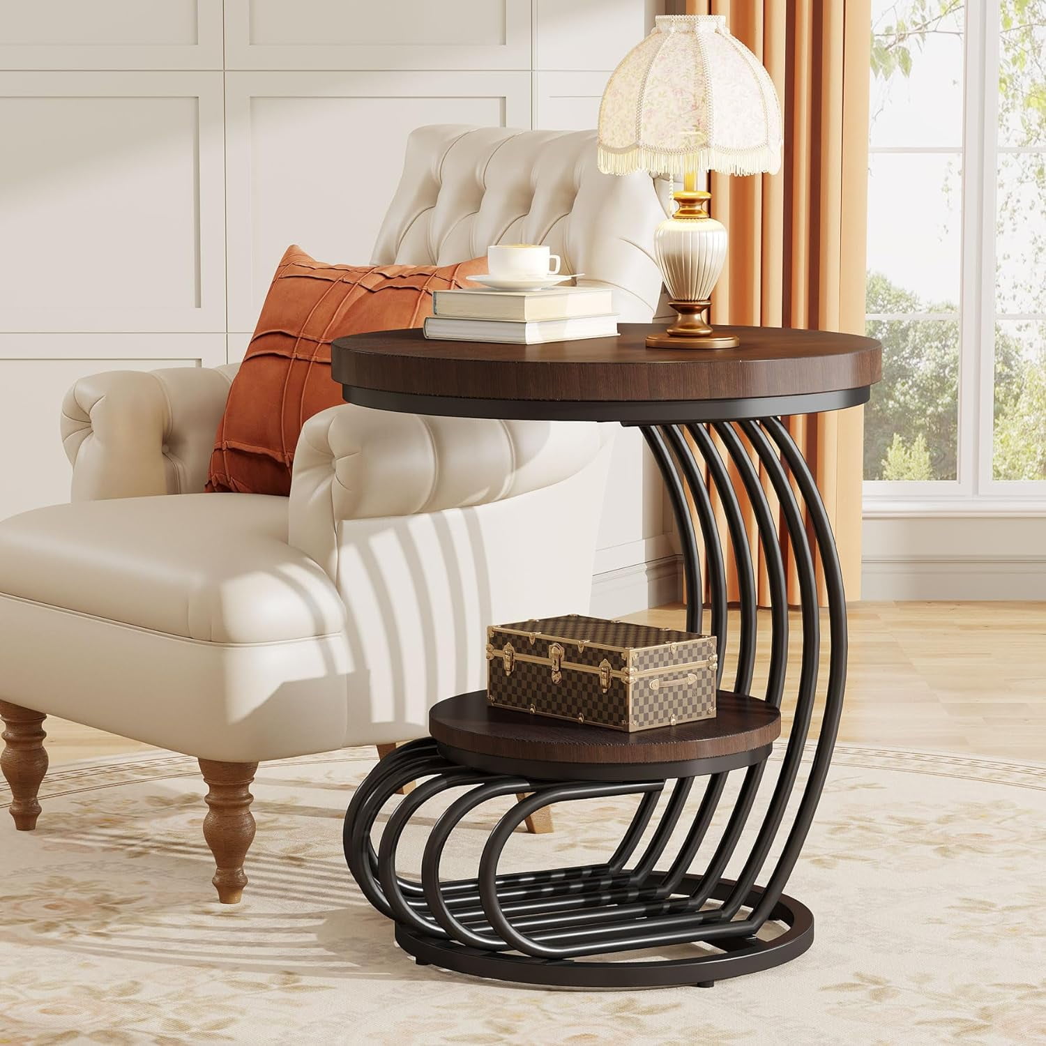 Tribesigns Round End Side Table, Side Table with 2 Tiers Storage ...