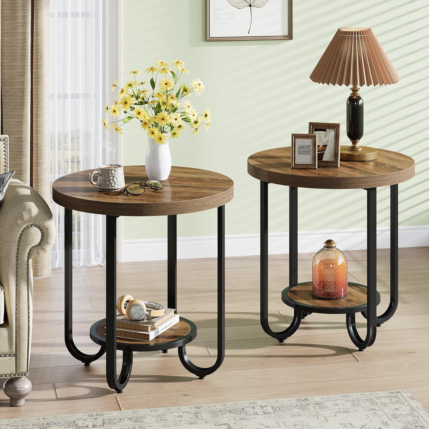 Tribesigns Round End Table Set of 2, 2-Tier Industrial Side Table with ...