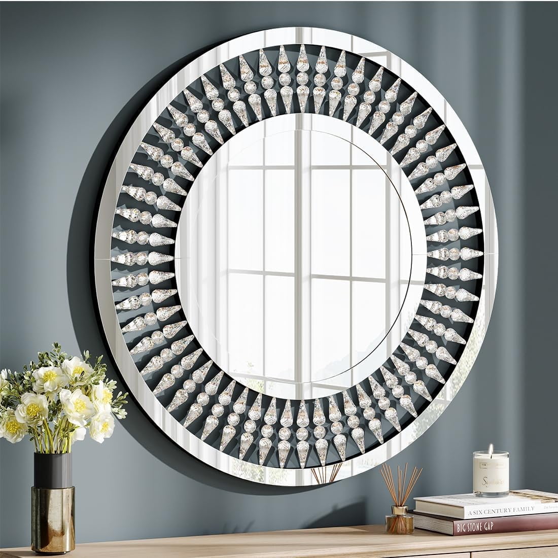 Tribesigns Round Jeweled Decorative Wall Mirror, 31.5 Inch Crystal Circle Mirror, Glam Sliver ...