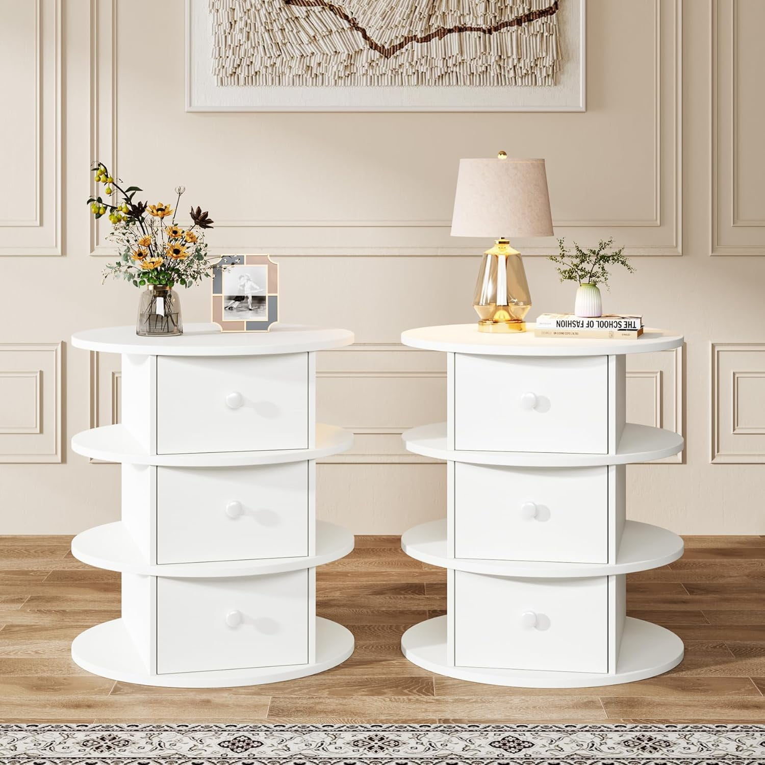 Tribesigns Round Nightstand Set of 2, White Nightstand Bedside Table ...