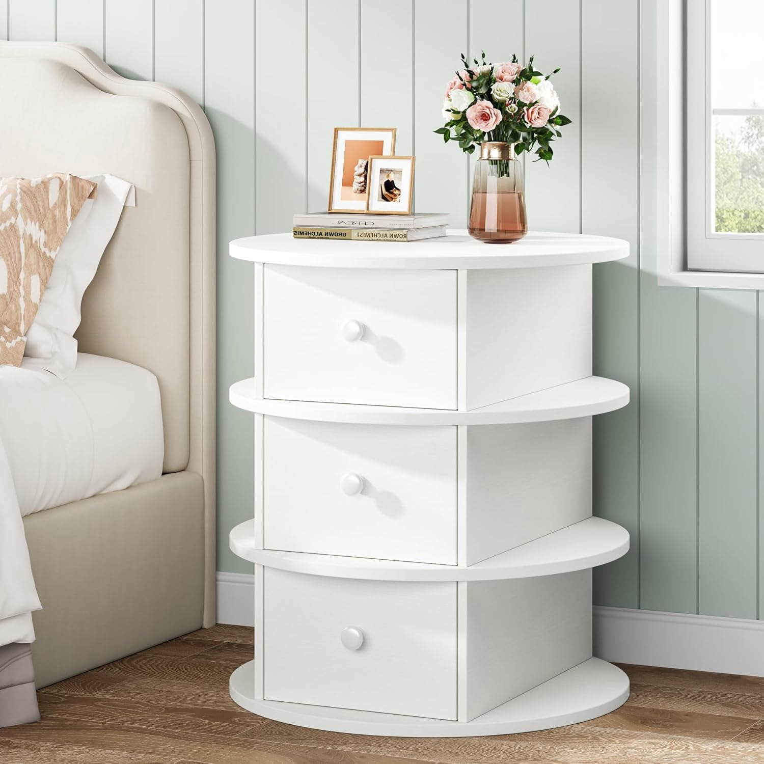 Tribesigns Round Nightstand with 3 Drawers, White Nightstand Bedside ...