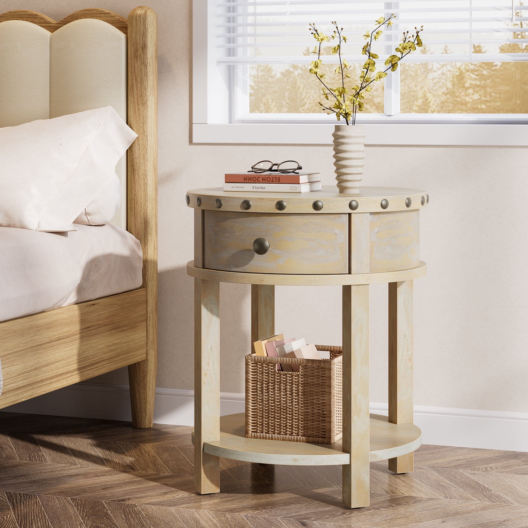 Tribesigns Round Nightstand with Drawer, Solid Wood Bedside Table Side ...