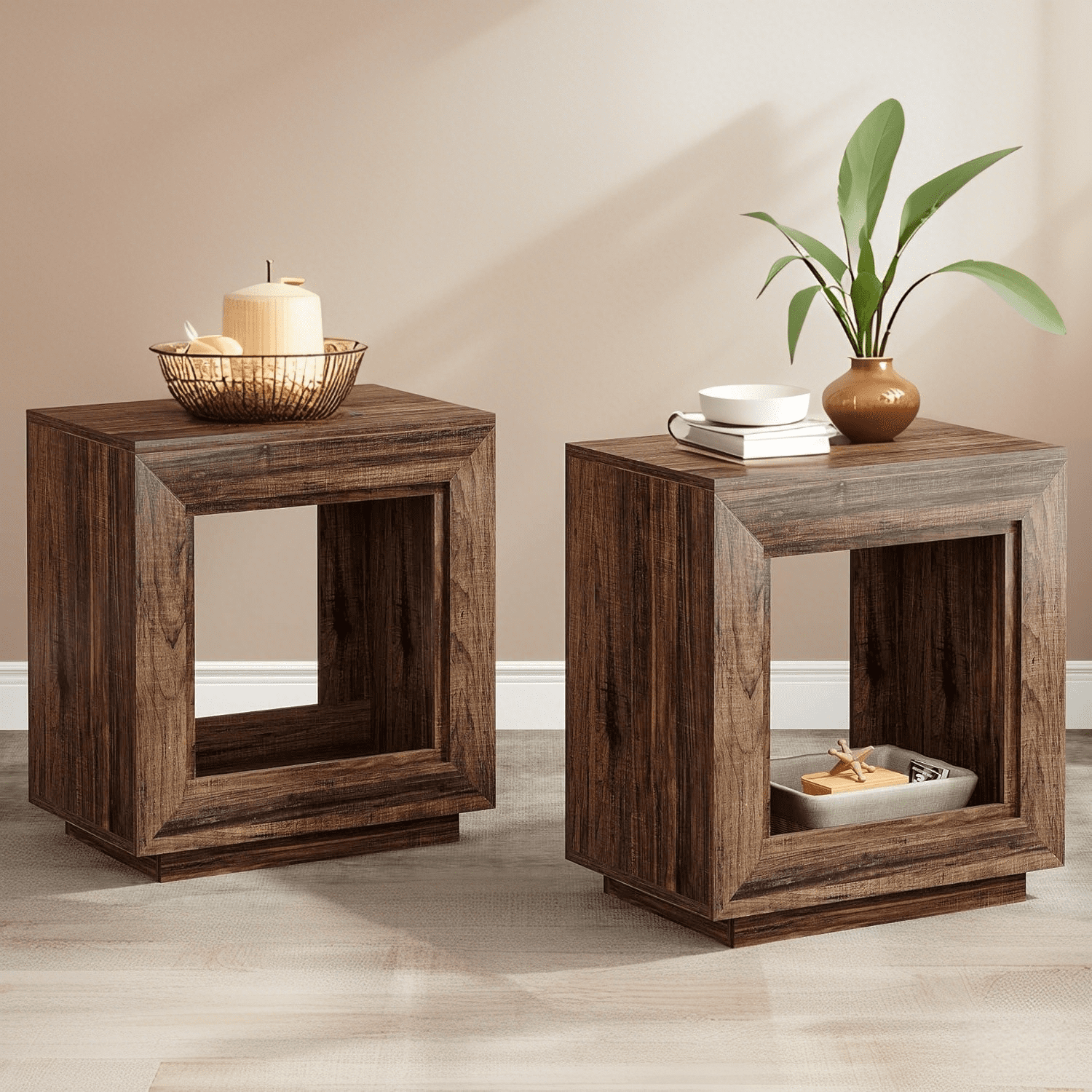 Tribesigns Rustic Wood End Table, 2 Tiered Square Side Table with ...
