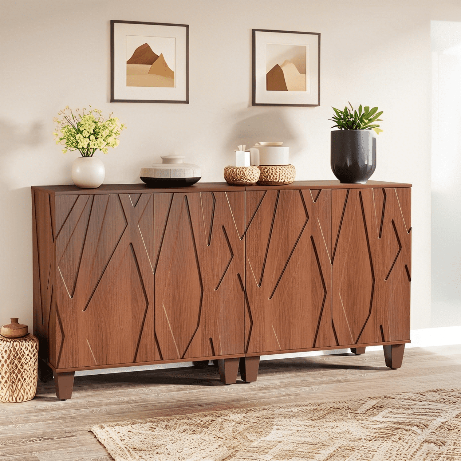 Tribesigns Set of 2 Retro Sideboard Buffet Storage Cabinets, 55" Walnut ...