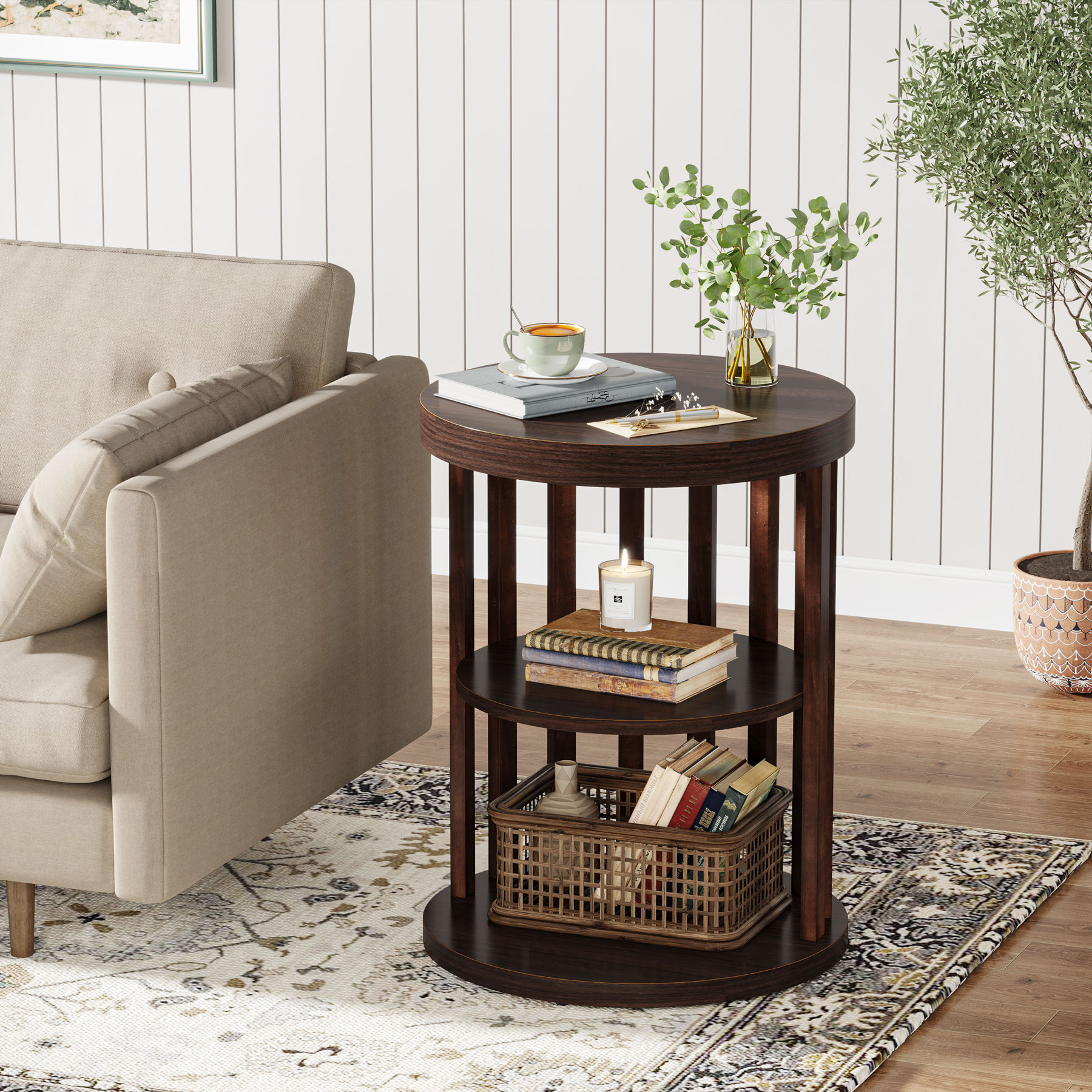 Tribesigns Side Table, 18.89-Inch Round End Table with 3-Layer Storage ...