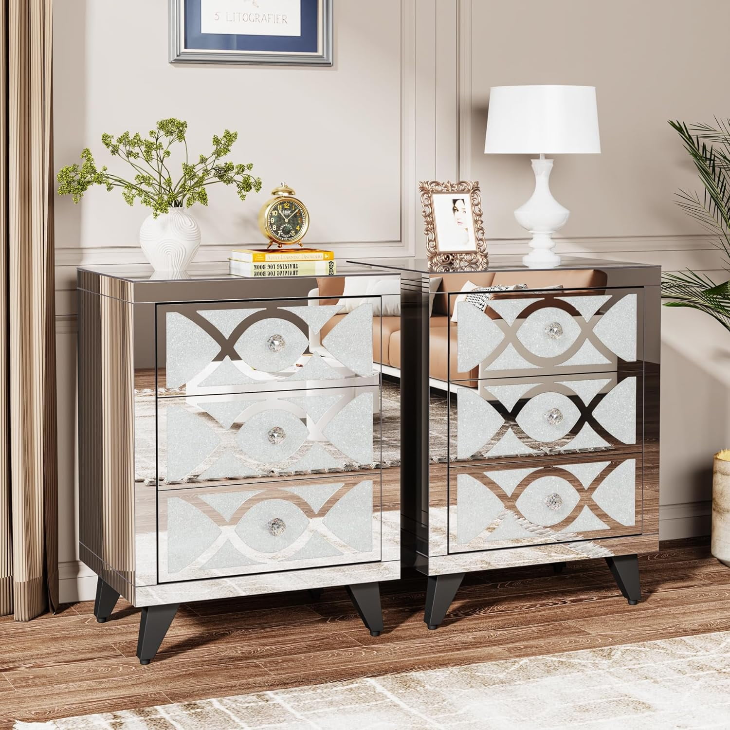 Tribesigns Silver Bed Side Table for Bedroom, Mirrored Nightstand with ...