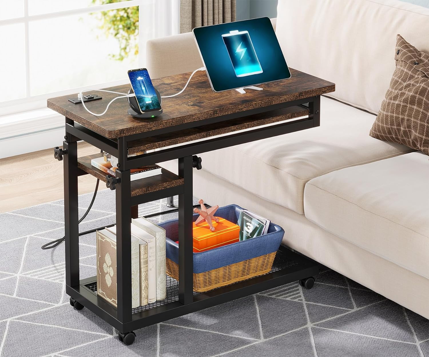 Tribesigns Small Portable Desk with Power Outlet, Height Adjustable ...