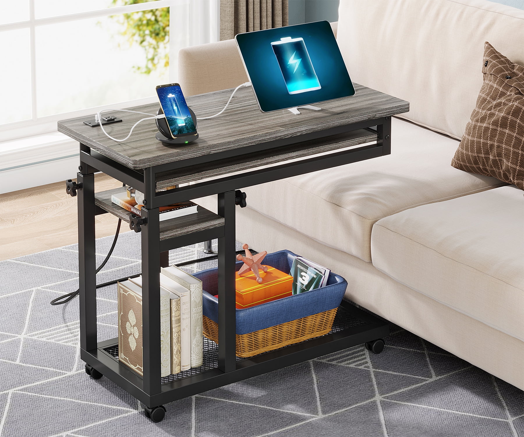 Tribesigns Portable Desk with Outlet, Adjustable Height, Sofa Side ...