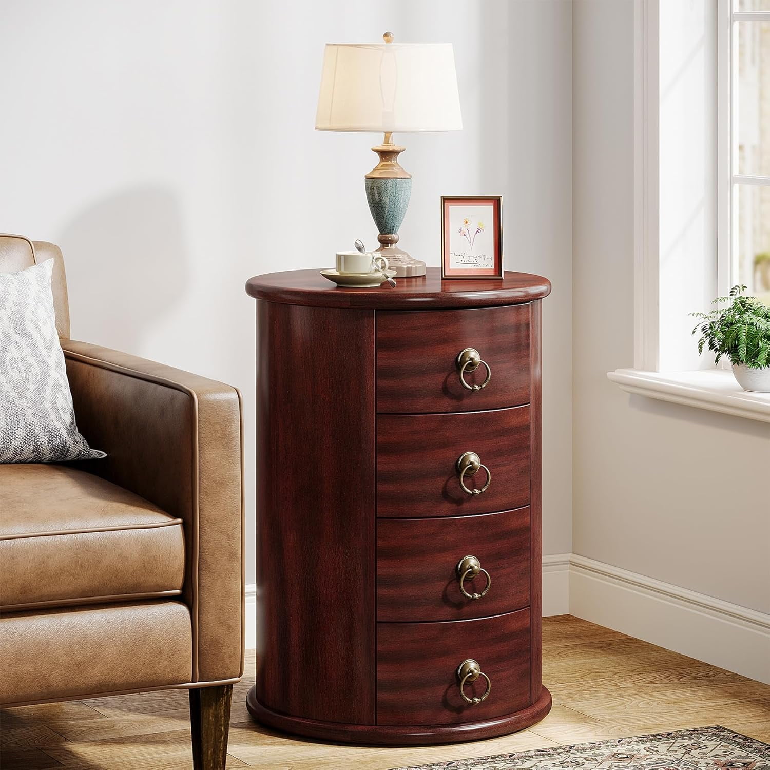 Tribesigns Solid Wood End Table, Round Side Table with 4 Drawers ...