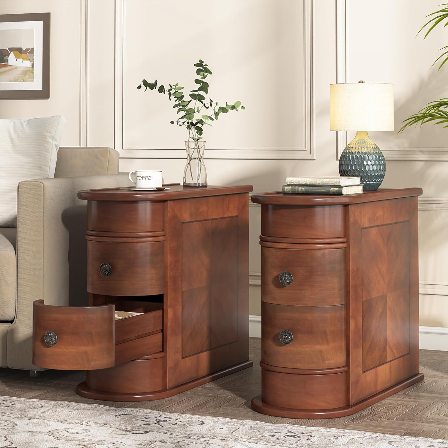 Tribesigns Solid Wood End Table Set of 2, 2-Drawer Storage, Fully ...